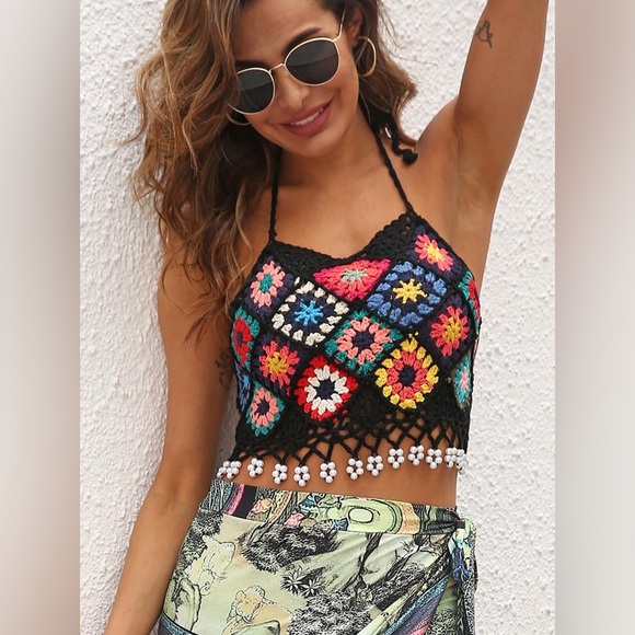 Boutique | Tops | Black Geometric Halter Neck Swim Top | Poshmark